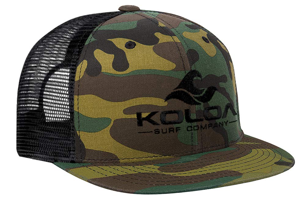 Joe's USA, Koloa Surf Mesh Back Wave Logo Trucker Mens Hat in Camo/Black with Black Embroidered Logo