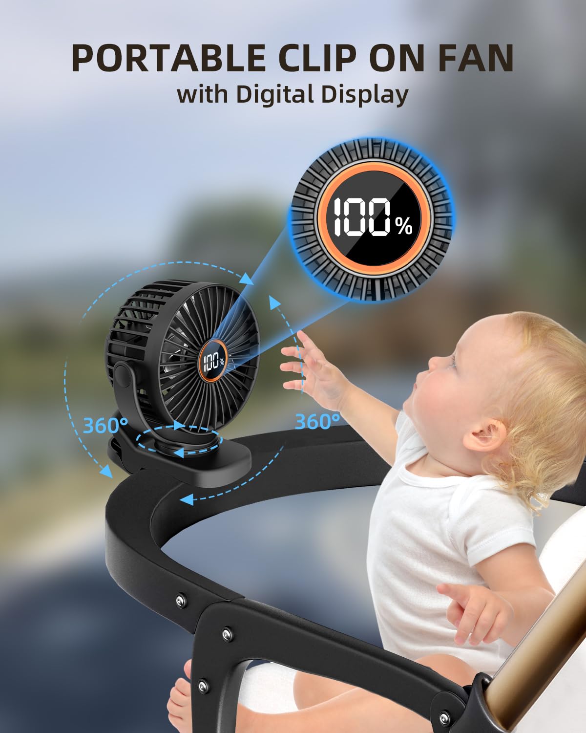 TUNISE Mini Clip on Fan, Battery Operated Desk Fan, Digital display,3 Speeds Adjustable, Bidirectional 360 ° Adjustable, Super Strong Wind, Portable Fan for Home Office Stroller Camping Black