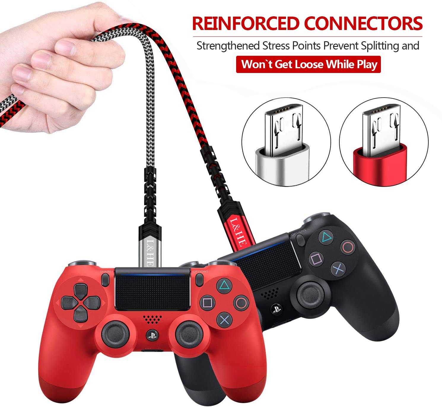 L&HE 2 Pack 10FT Charger Cable Compatible with PS4 Slim/Pro, Xbox One S/X Controller, and Android Phones (Red & White)