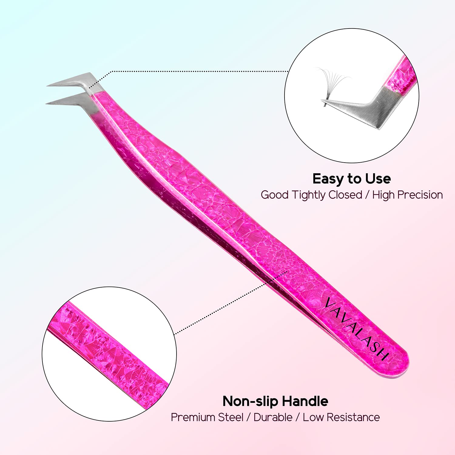 VAVALASH Lash Tweezers For Eyelash Extensions Pink Ice Crack Volume Boot Tweezers For Making Volume And Classic Fans 1 PCS Professional Individual Lashes Tweezer (Pink, V02)