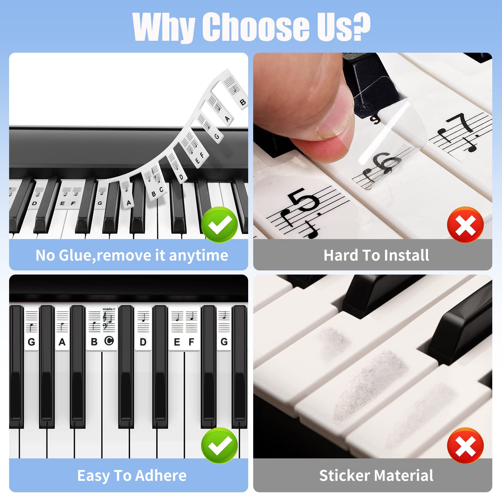 Removable Piano Keyboard Note Labels for Beginner,Piano Keyboard 88 Keys Full Size,Reusable Piano Keyboard Stickers,3 Strips Piano Stickers,Great Tools and Gifts for Piano Teachers,Kids and Beginners