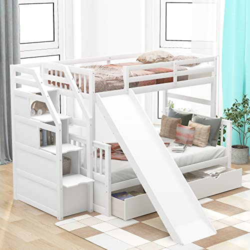 Twin Over Full Bunk Bed with 2 Drawers and Slide,Solid Wood Bunk Bed Frame with Convertible Storage Staircase for Kids, Teens Bedroom, Guest Room Furniture, No Box Spring Needed