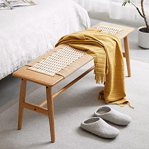 Tennozu Woven Bench, 32" L FAS Grade 100% Solid Oak Wood Dining Room Bench w/Rustic, Hand Woven Design, Firm Mortise & Tenon Structure, Long Bench for Dining Room/Entryway/Bedroom, White (Beige)