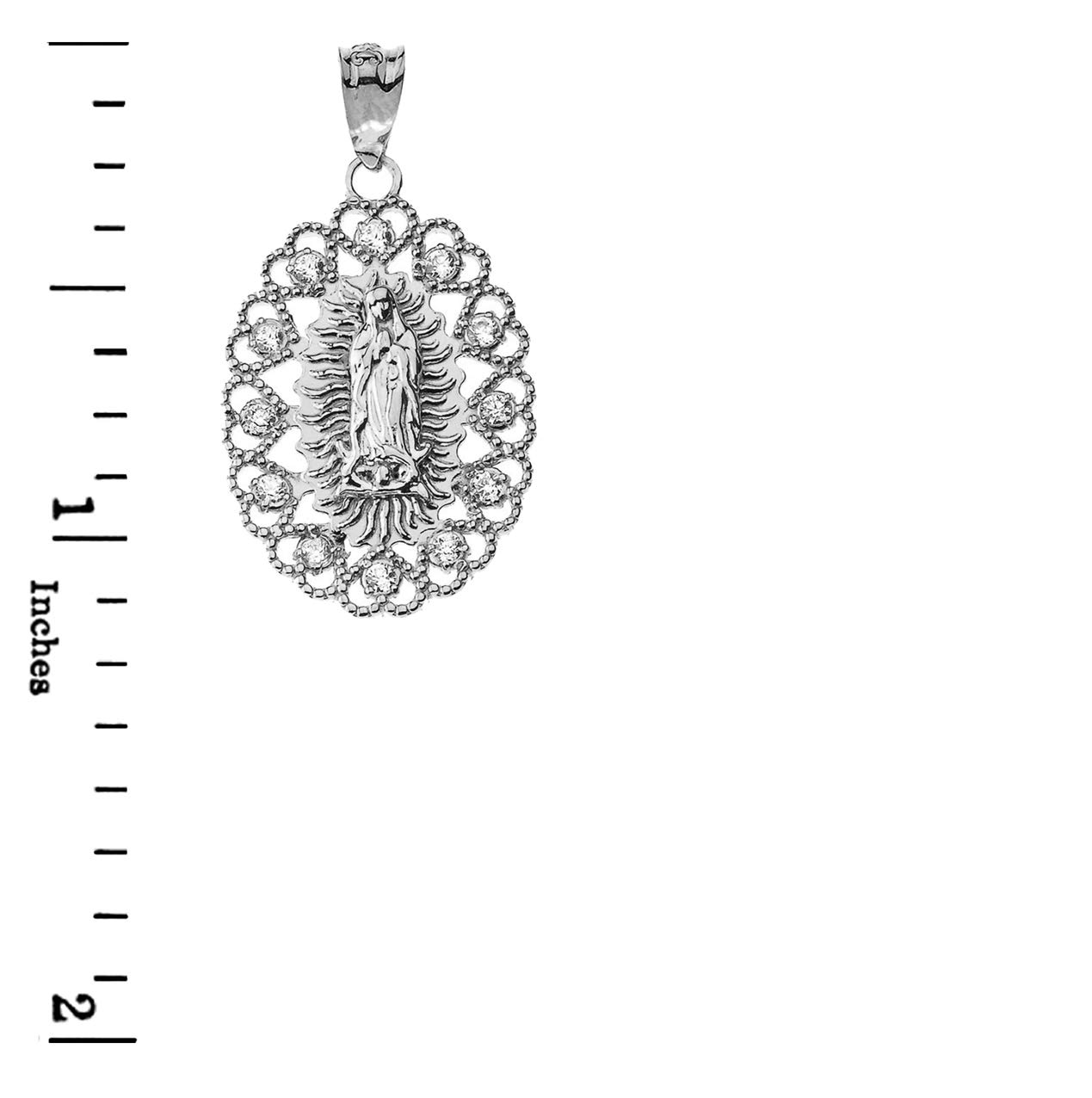 LA BLINGZ 10K White Gold Virgin Mary Lady of Guadalupe Diamond Filigree Pendant