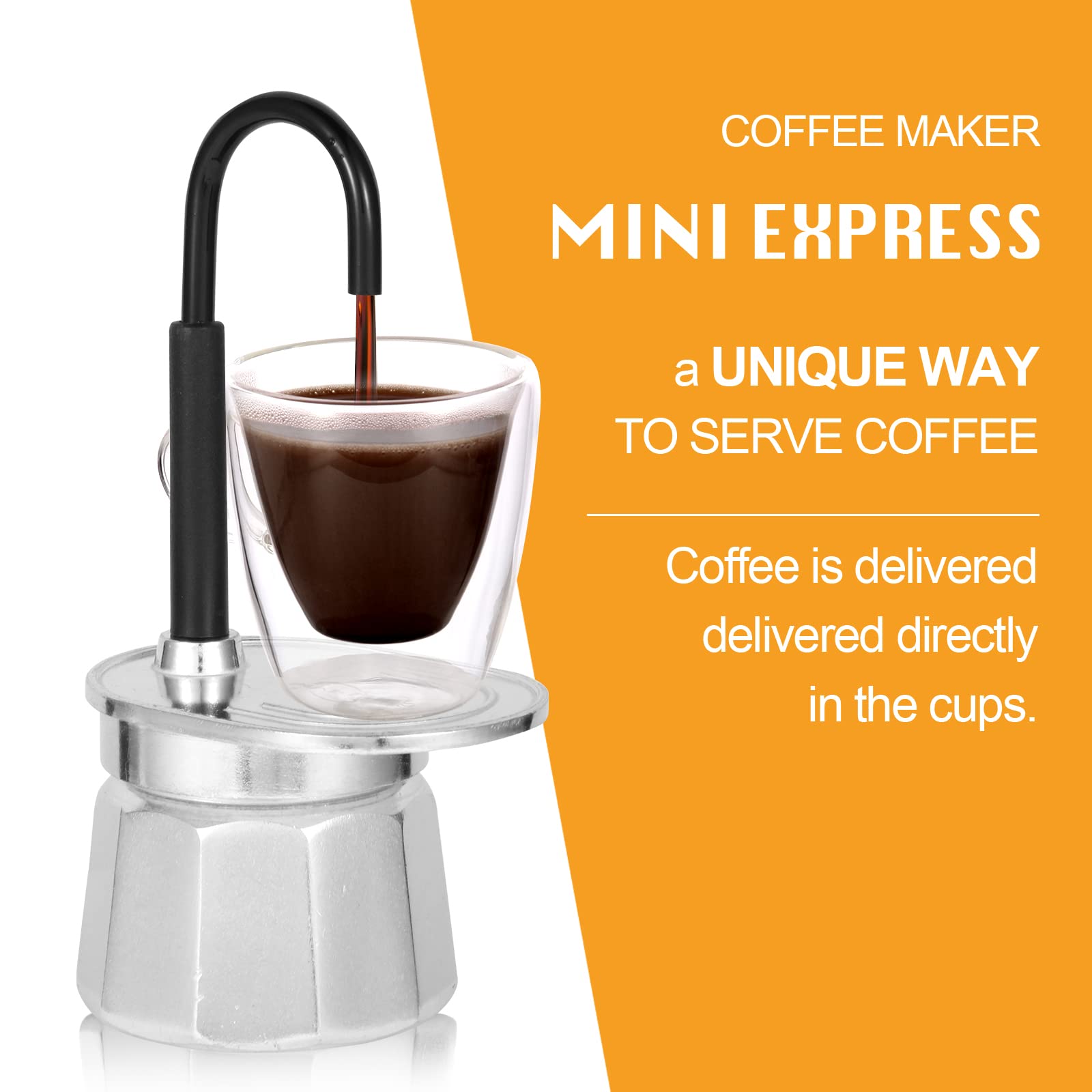 MVPLUE-Mini Express Swiss Single Tube Moka Pot Aluminum Silver,Moka Set includes One Double Wall 3oz Cup,Enjoy delicious coffee in no time