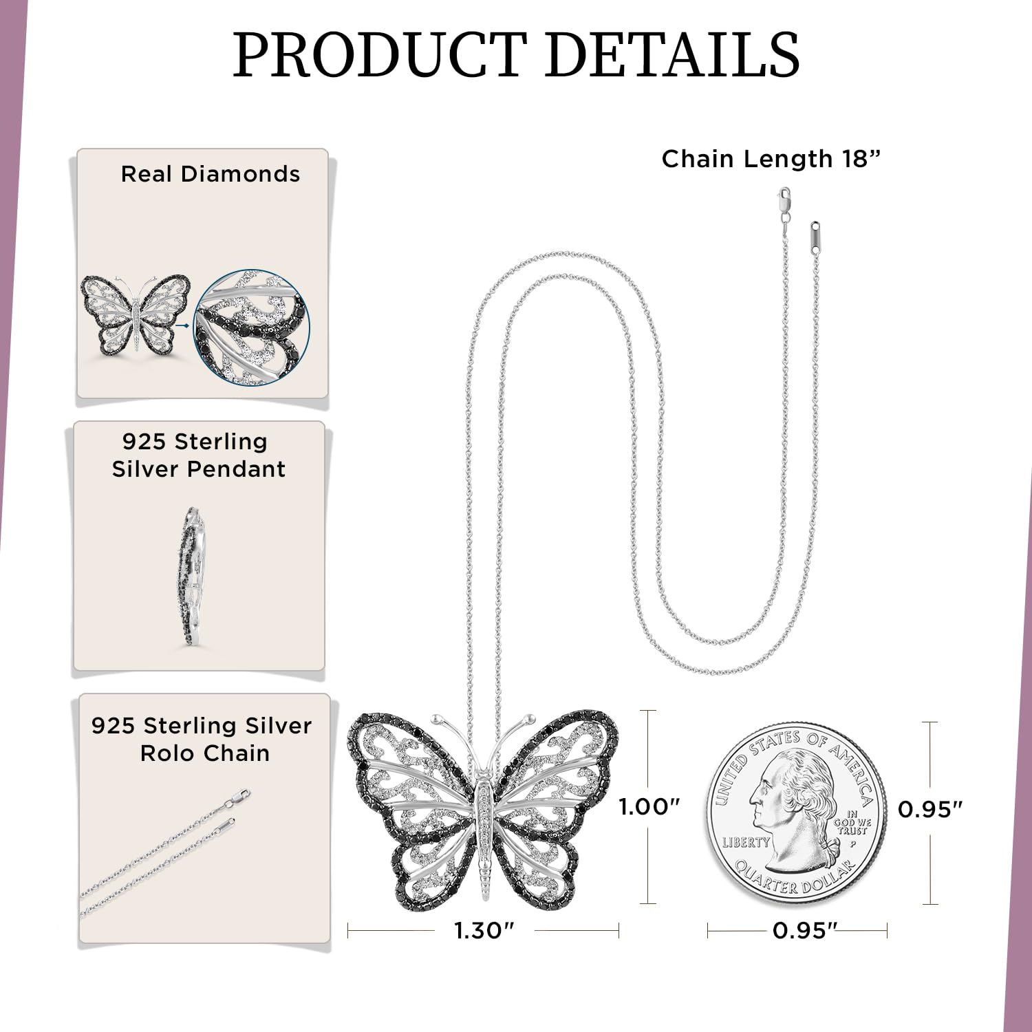 Jewelili Womens Sterling Silver with 1/3 Cttw Treated Black and Natural White Round Diamond Butterfly Necklace, 18" Rolo Chain