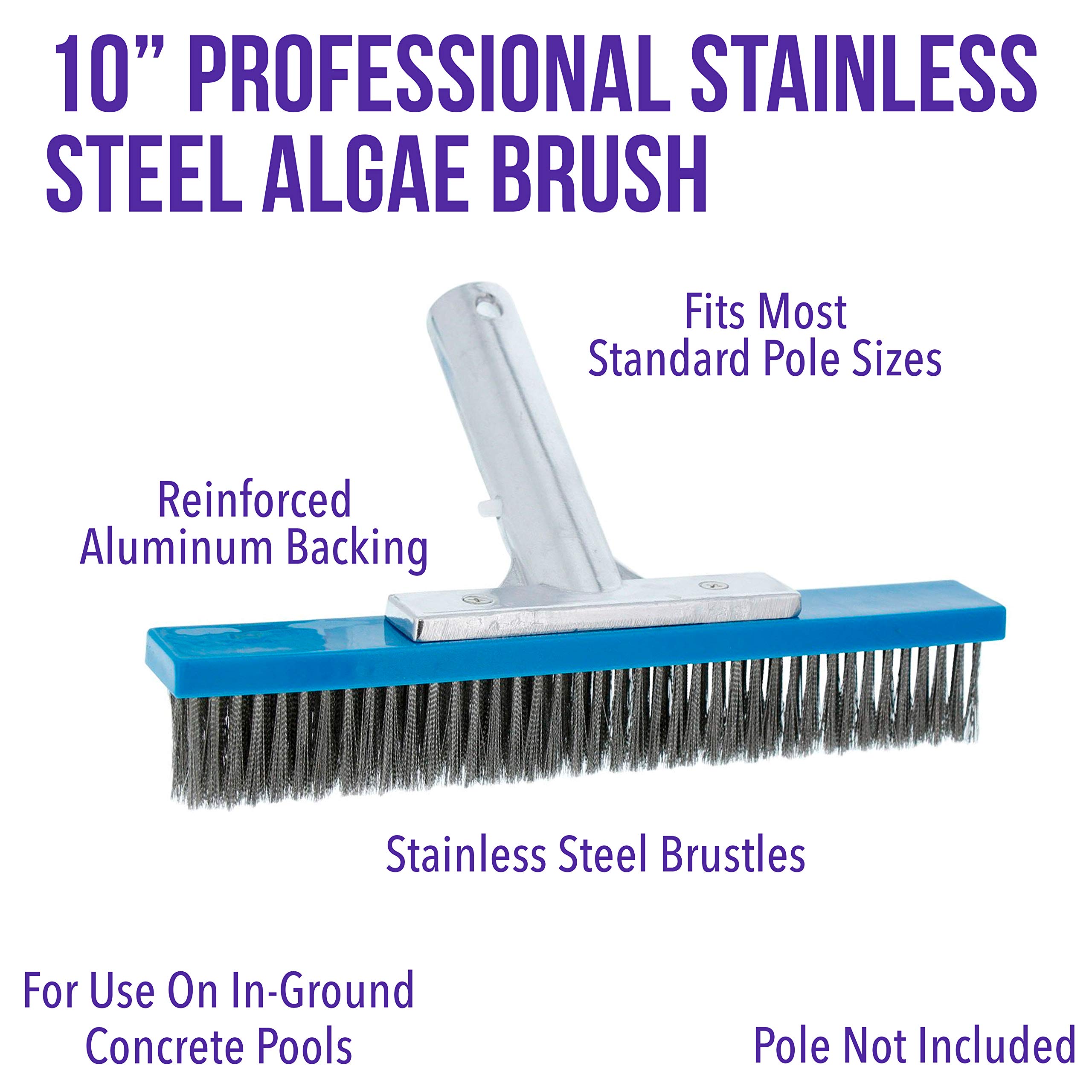 U.S. Pool Supply Professional 10" Stainless Steel Pool Brush with EZ Clip Handle - Durable Bristles, Scrub Remove Calcium Buildup, Rust Stains on Concrete - Sweep Debris from Walls, Floors Steps