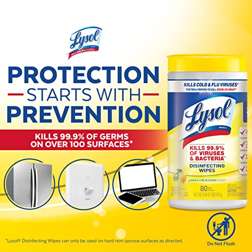 Lysol Disinfectant Wipes, Multi-Surface Antibacterial Cleaning Wipes, For Disinfecting and Cleaning, Lemon and Lime Blossom, 80 Count (Pack of 1)