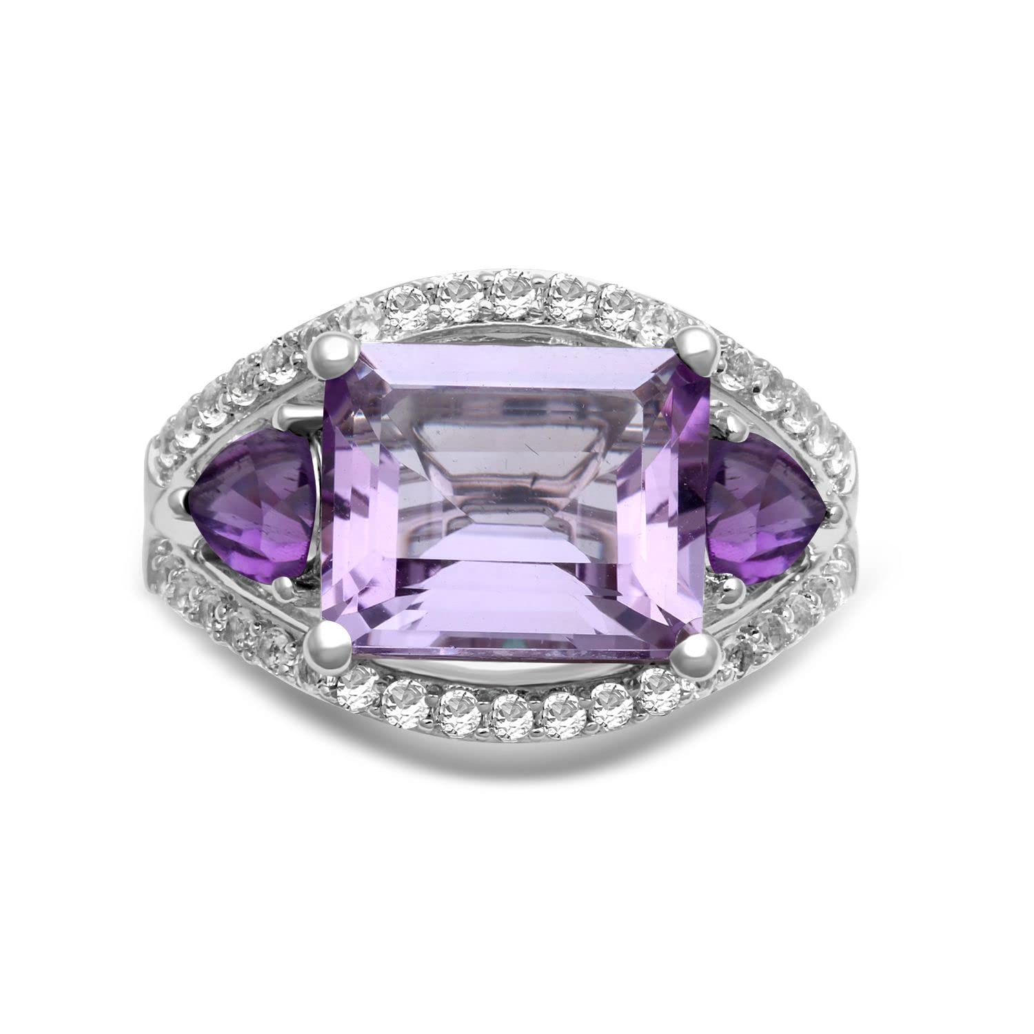 Jewelili Sterling Silver 12x10MM Octagon and 5MM Trillion Amethyst with 1.5MM Round Emerald and White Topaz Three Stone Ring, Size 7