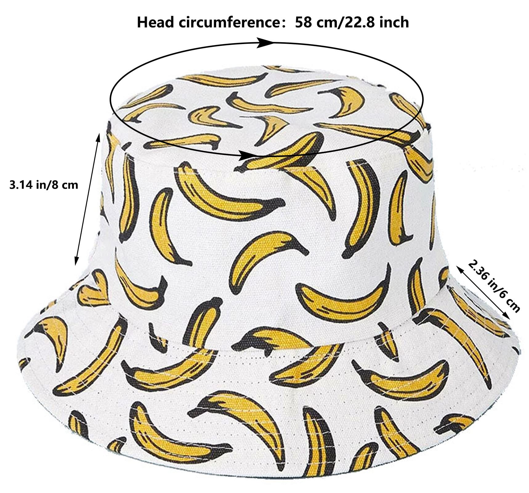 Joylife Fruit Print Bucket Hat Tropical Pattern Sun Hats Reversible Packable Fishing Cap for Women, Men, White