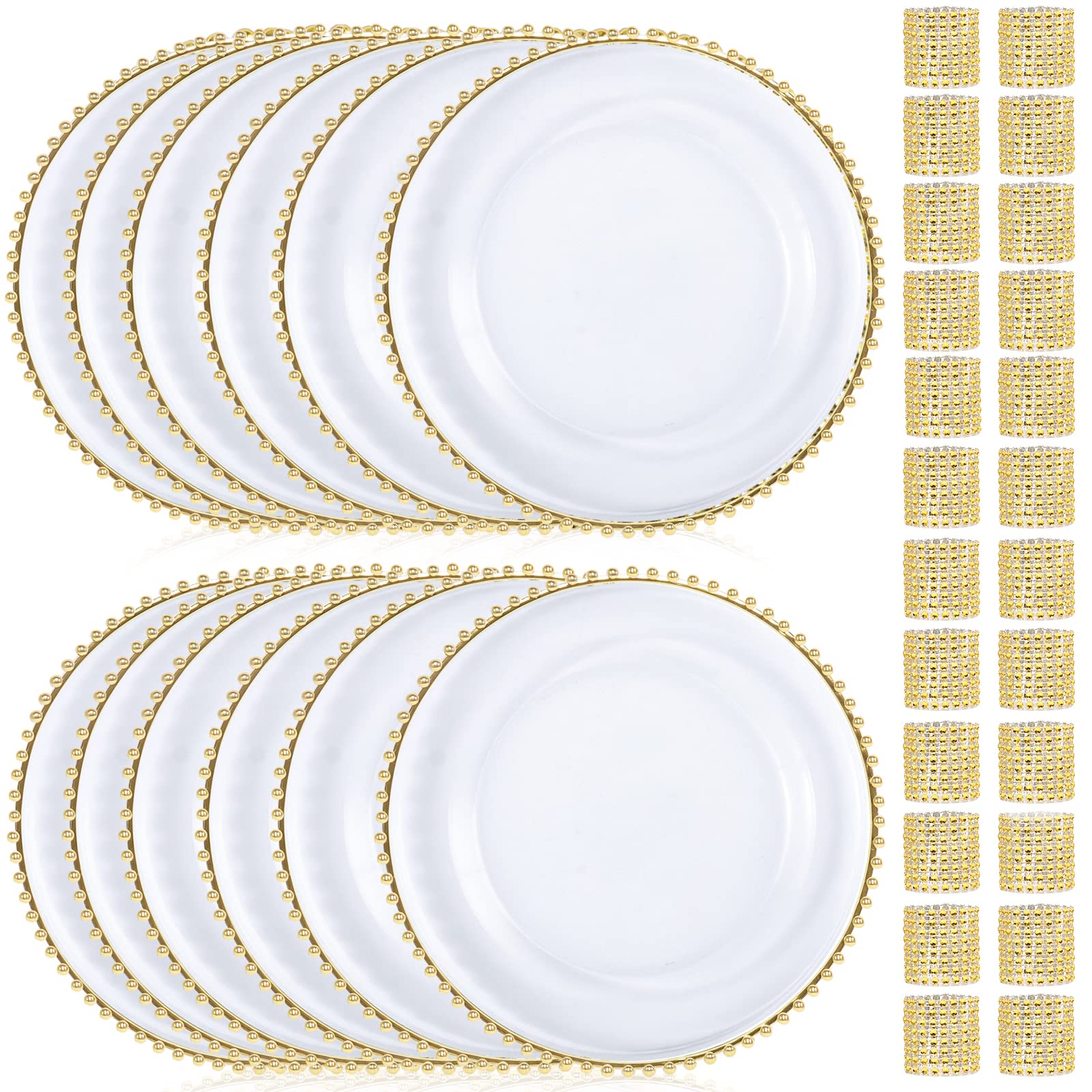 mwellewm Charger Plates Set of 12 and 24 Pack Napkin Rings, Acrylic Gold Beaded Clear 13 Inch Chargers for Dinner Serving Plates Decor Wedding, Party, Decoration