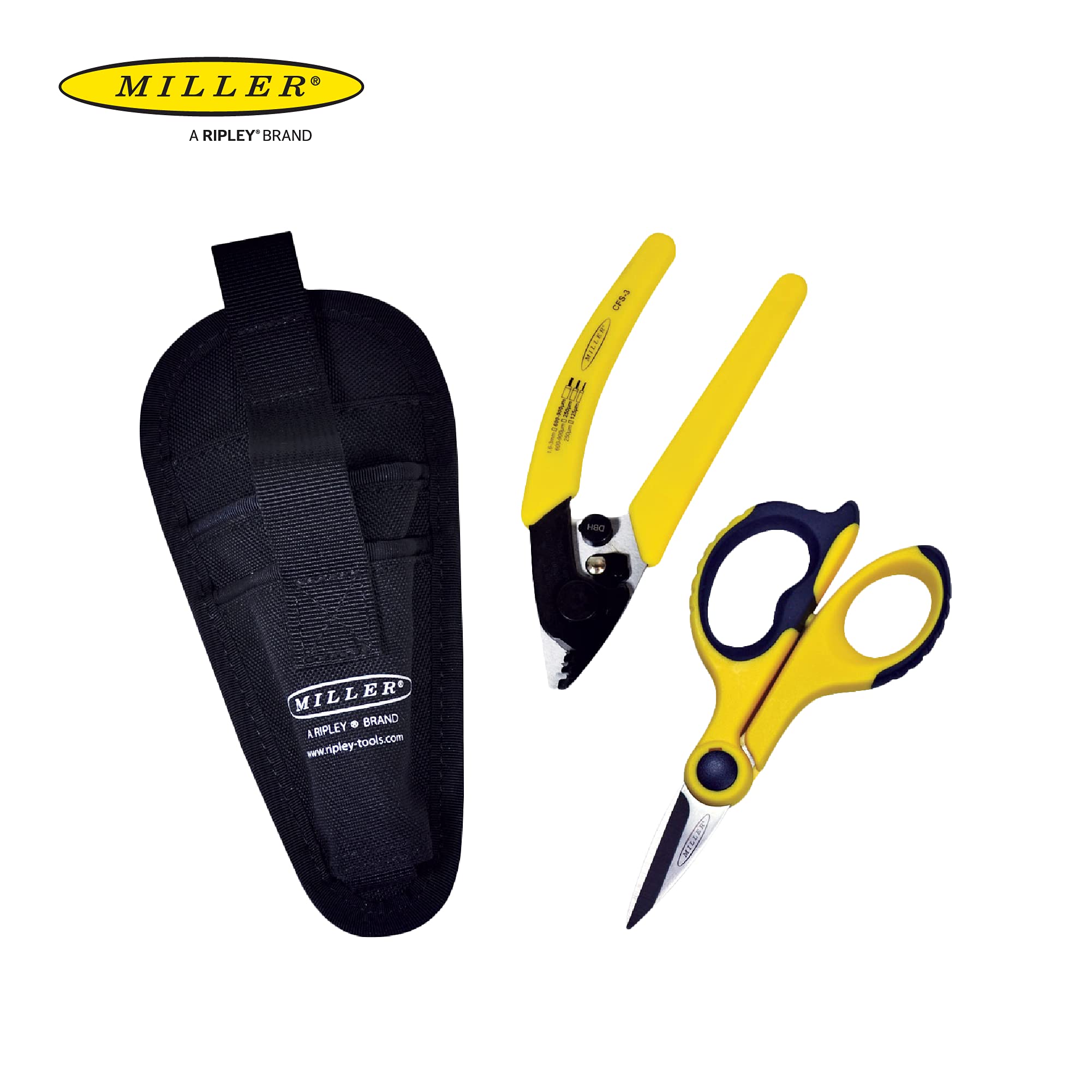 Miller MA01-7002 Kit, CFS-3 3-Hole Fiber Optic Cable Stripping Tool and KS-2 Kevlar Scissors, Easily Portable Tool Set with Belt Clip Pouch for Professional Electricians, Technicians, and Installers