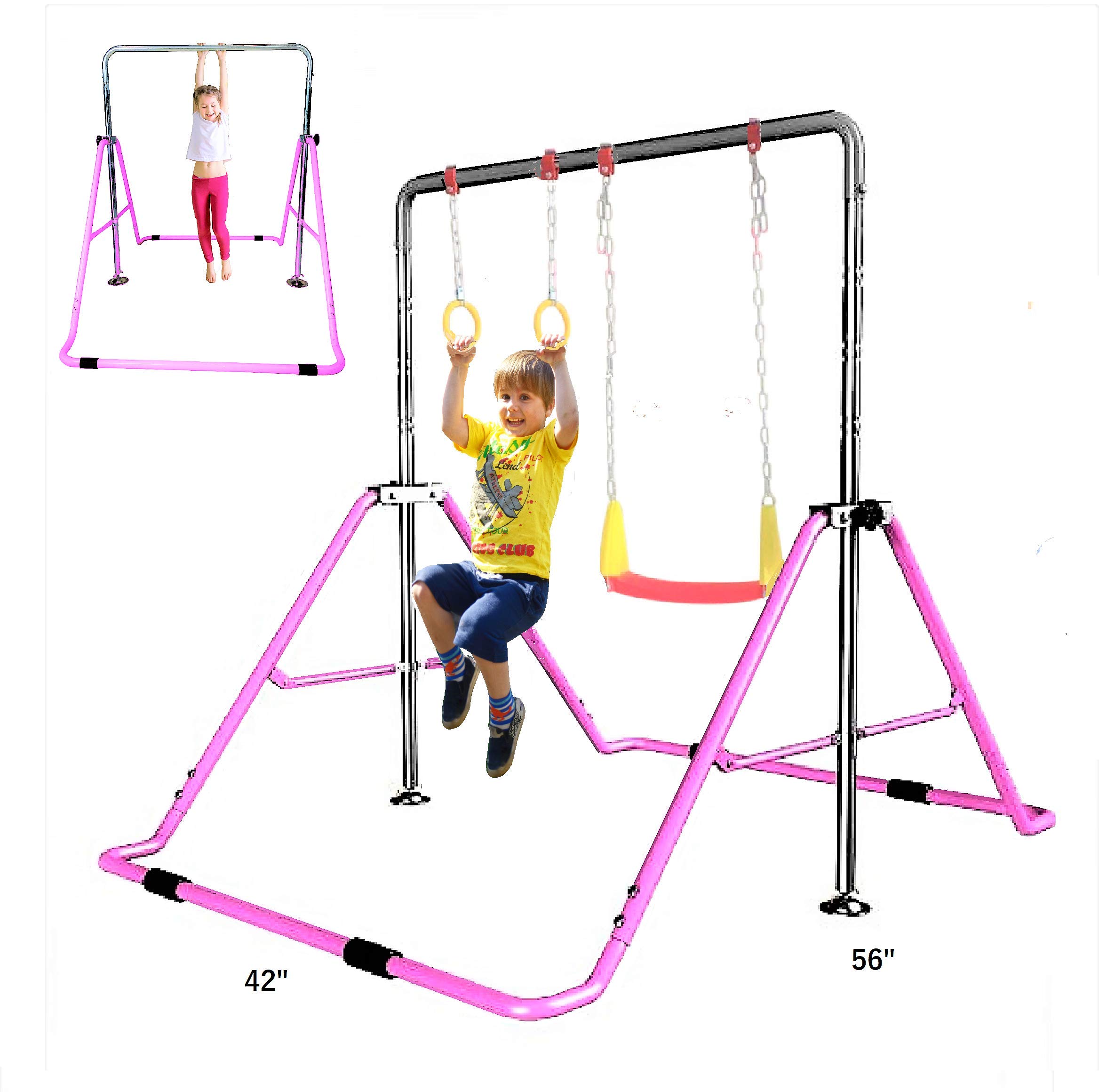 Kids Jungle Gymnastics Expandable Junior Training Monkey Horizontal Bars Climbing Tower Child Play Pink Training Pull Up Gym + Swing Seat + Trapeze Rings.Set