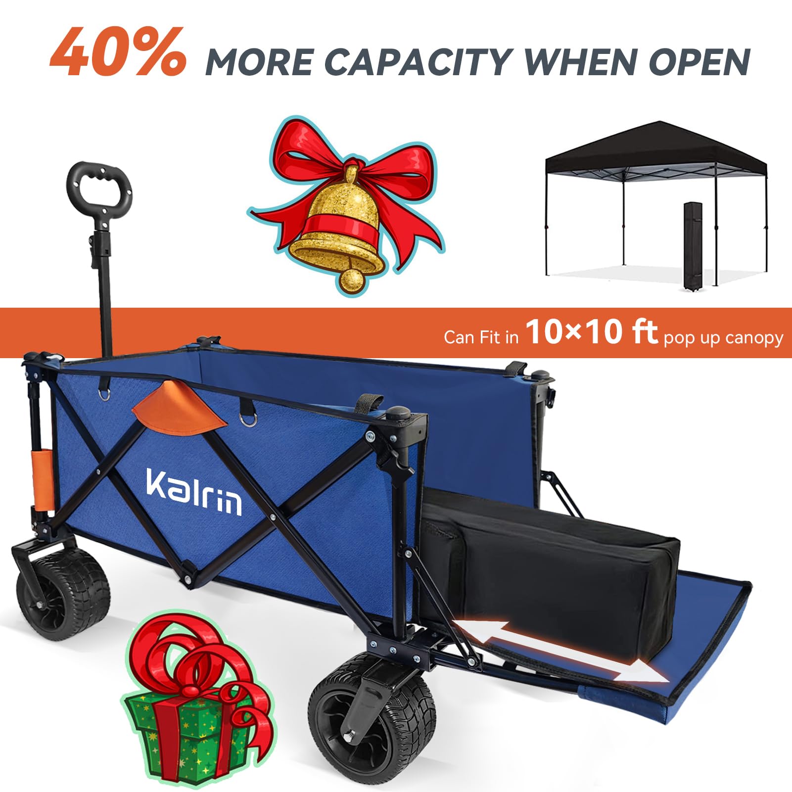 Kalrin Collapsible Folding Wagon, 220lbs Portable Large Capacity Beach Wagon Cart with Opened Tailgate, Heavy Duty Utility Wagon with All-Terrain Wheels and Elastic Rope for Camping, Sports, 200L