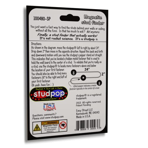 StudPoP Original Magnetic Stud Finder. Orange. Finds metal fasteners holding the wall to the studs. 1" diam moving magnet gives an audible click and a visual movement when fastener is found.