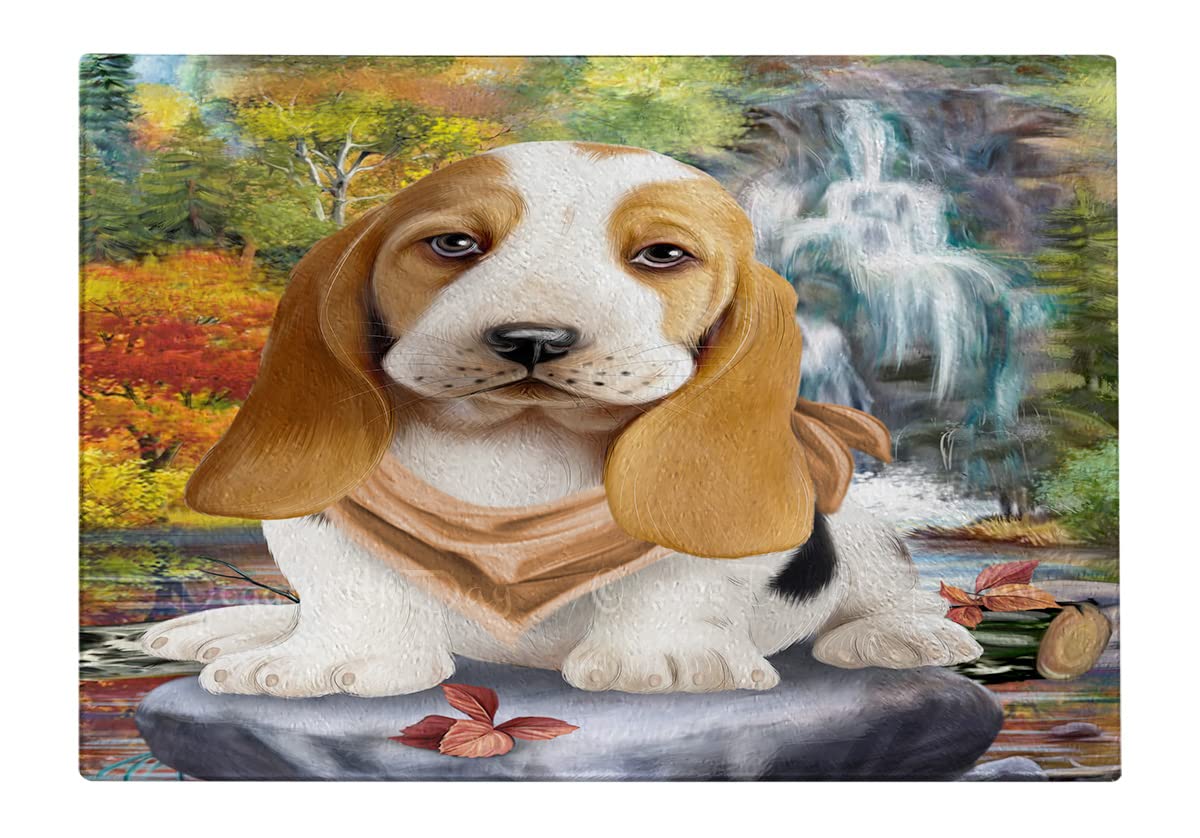 Scenic Waterfall Basset Hound Dog Cutting Board For Kitchen - Stain & Scratch Resistant - Designed To Stay In Place - Perfect for Chopping Meats, Vegetables - 12" x 8",CB48397