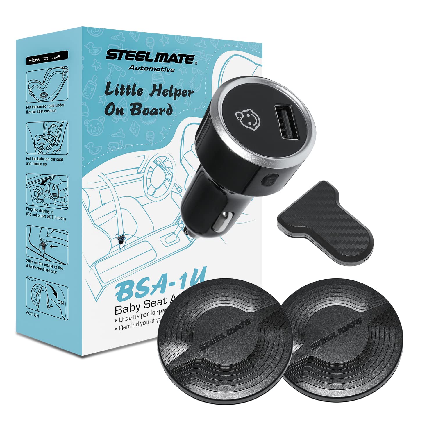STEELMATE 1U Automotive Baby Car Seat Alarm System Reminder w/Extra Sensor Pad for Parents of 2 Babies