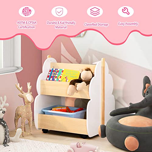 UIIAIOUIAIO Kids Bookshelf, 2-Tier Wooden Storage Shelf Book Rack with Universal Wheel