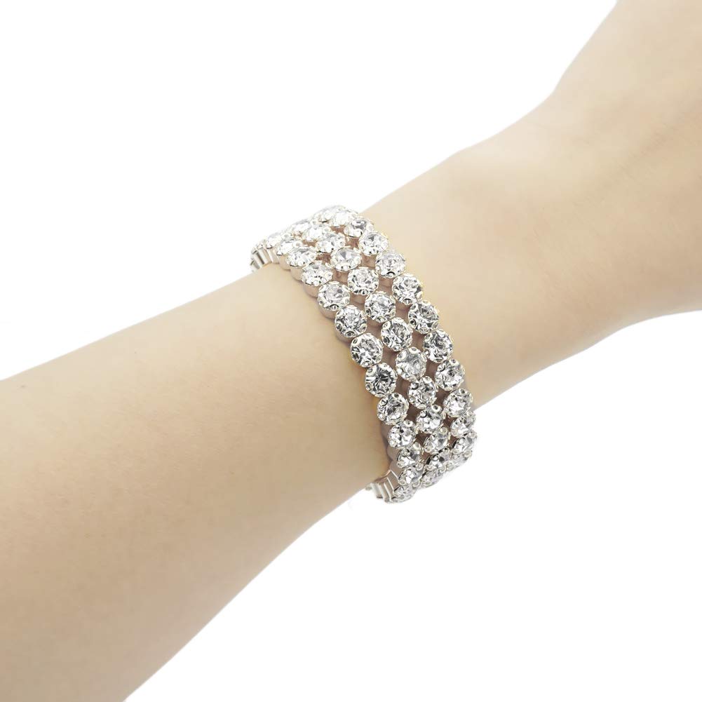 JSEA Womens Silver Tone 6mm Rhinestone Open Cuff Bracelet Bangles Gold Tone Wedding Party Jewelry (Silver 3)