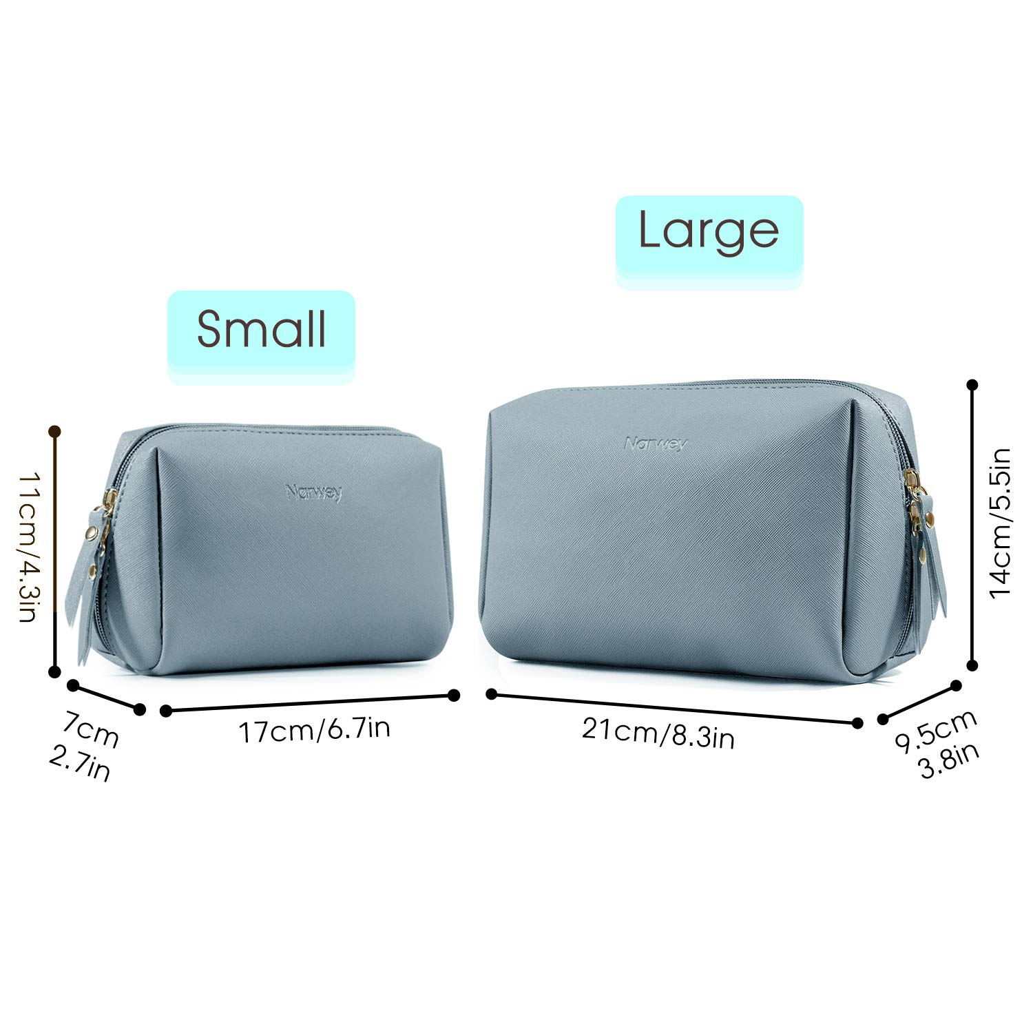 Large Vegan Leather Makeup Bag Zipper Pouch Travel Cosmetic Organizer for Women (Large, Greyish Blue)