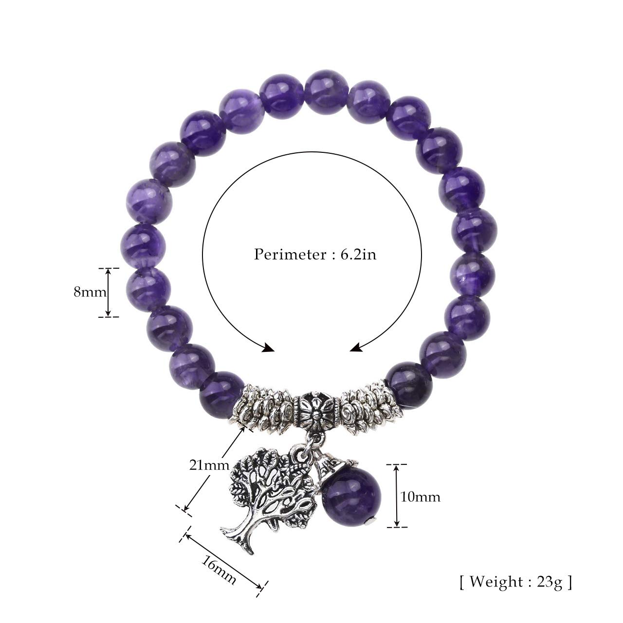 Jovivi 8MM Purple Amethyst Natural Gemstone Healing Crystals Point Life Tree Lucky Charm Stretch Bracelet