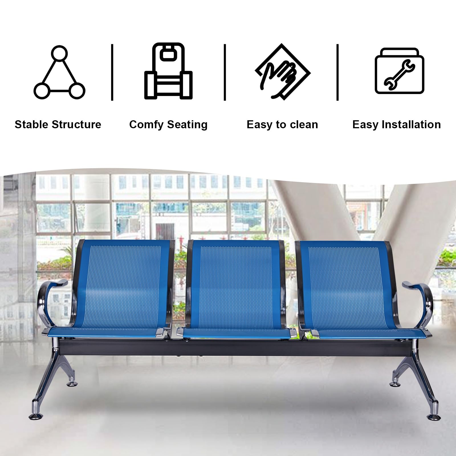 kinbor Reception Bench Seating Airport Chairs Waiting Area Bench Seating with Arms for Office, Bank, Hospital, School, Barbershop