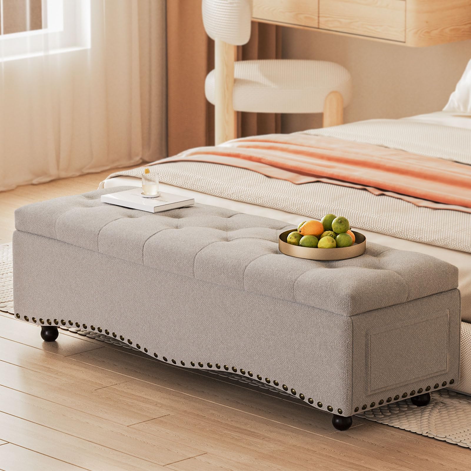 ZZW Storage Ottoman Bench 48.5“ Upholstered Storage Bench with Larger Storage Space End of Bed Bench with Safety Hinge & Wood Legs Tufted Fabric Ottoman for Bedroom & Living Room & Entryway