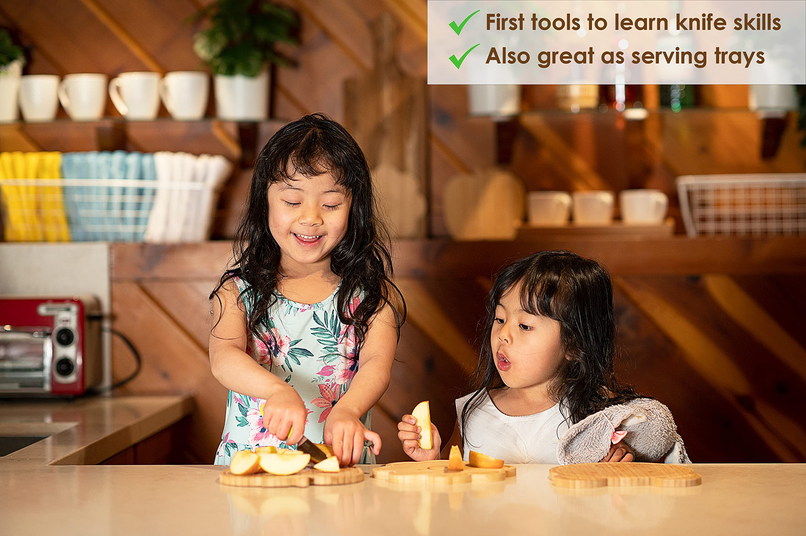 smartified Small Cutting Boards, Sustainable Bamboo Wood, Multipurpose as Kids’ Plates and Kitchen Decor, 3 pcs, Apple-Bear-Flower Designs, 7.5’’x7.5’’x0.4’’