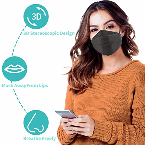 YHDOLL 100 Pcs KF94 Disposable Black Face Masks For Adult 4-Ply Breathable Face Masks 3D Mouth Shields Filter Full Face Cover(10 Pcs/ Pack Black)