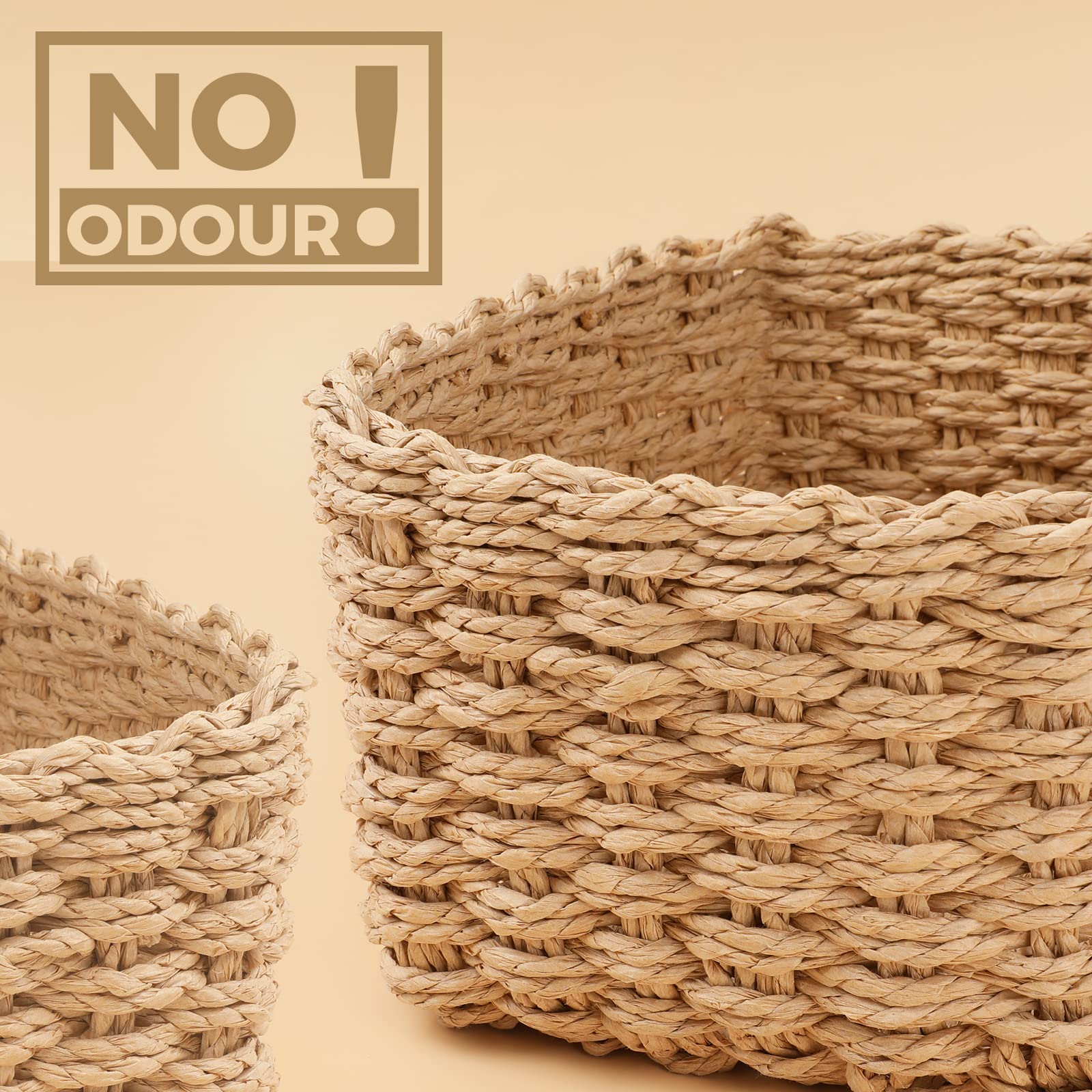 Small Wicker Baskets for Organizing, Recycled Paper Rope Storage Baskets Soft Container Boxes for Dressing Room Shelves Bathroom Bedroom, Stackable Square Woven Baskets Set of 3 (Beige, No Odor)