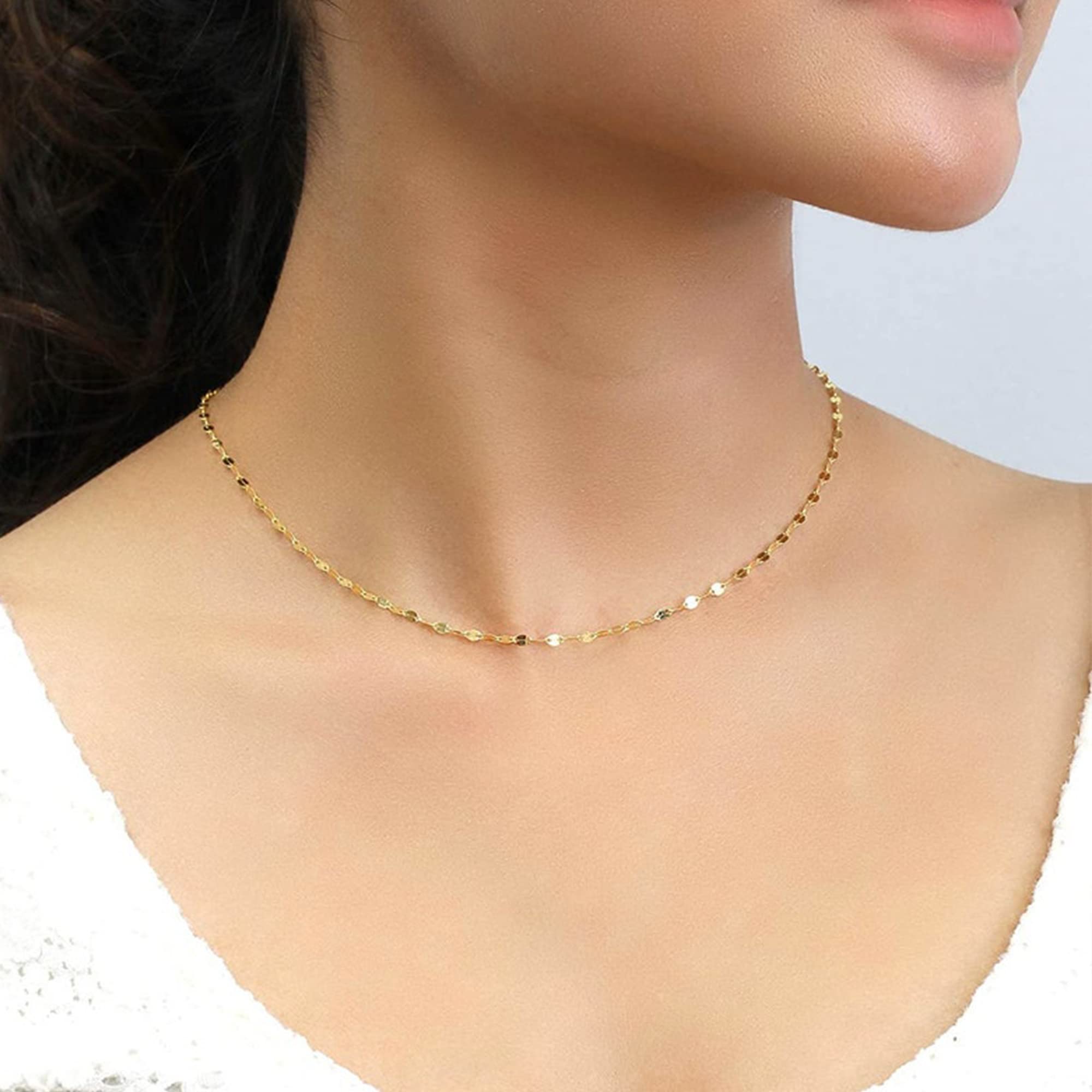 LANCHARMED Solid 18K Gold Necklace for Women 1.2mm Dainty Thin Lip Chain Necklace with Spring Ring Clasp Au750 Stamped