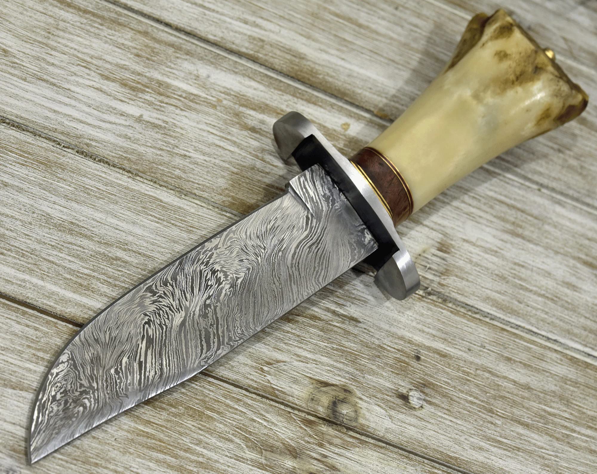SHOKUNIN USA DAMASCUS HUNTING KNIFE, Forged Custom Bowie knife, 12.0",Hand Made, personalized camping knife, bone handle, hand stitched leather sheath knife