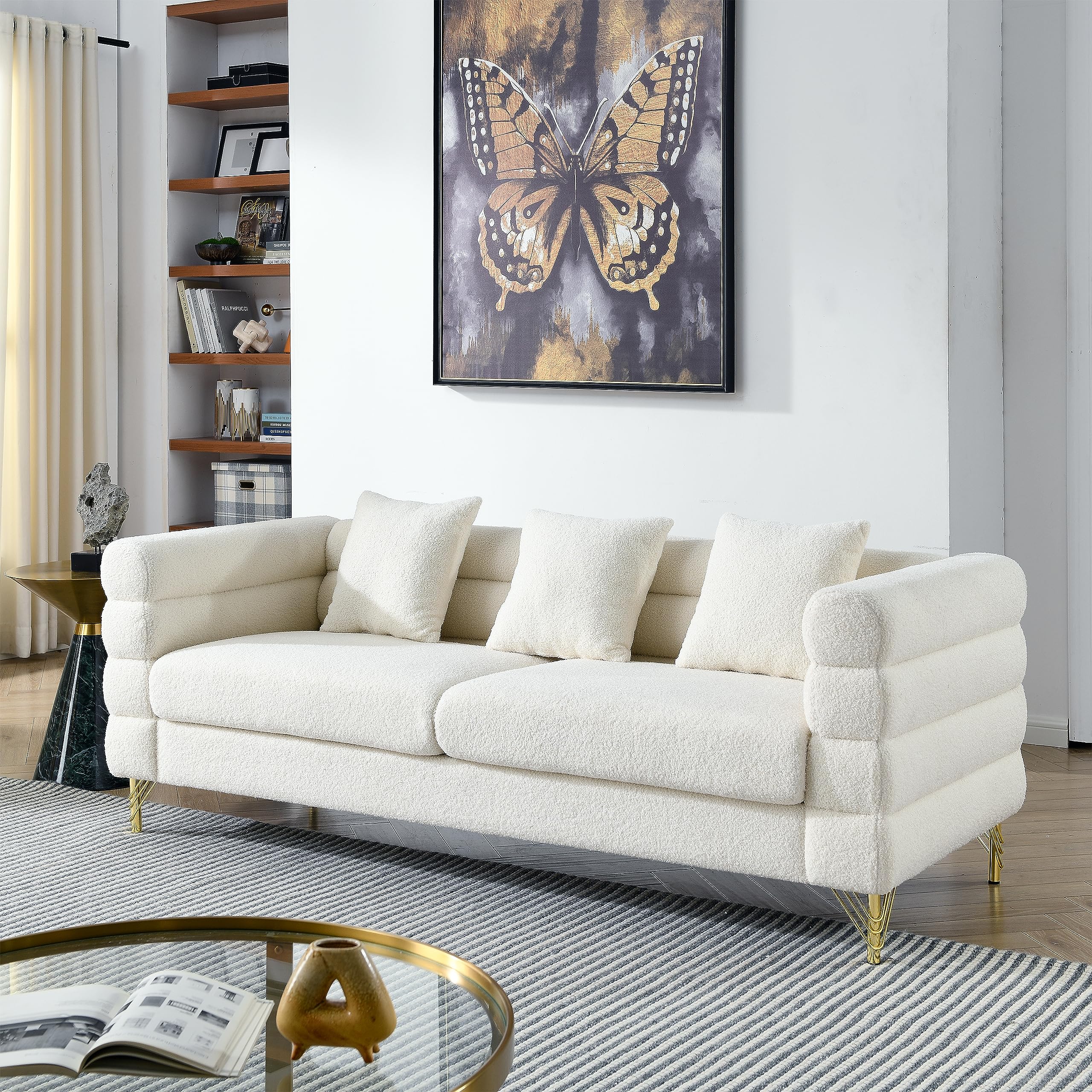 KATBOC Sofa Oversized 3 Seater Sofa 81-inch Modern Living Room Sofa Couch Teddy Fabric Upholstered Sofa Deep Seat Couch with 3 Pillows for Living Room Bedroom (White)