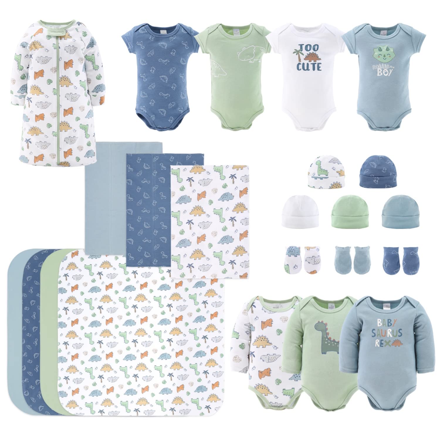 The Peanutshell Baby Layette Gift Set for Baby Boys - 23 Piece New Born Baby Boy Gift Set, Baby Clothes & Newborn Essentials Must Haves - Newborn Baby Boy Clothes 0-3 Months - Dinosaur