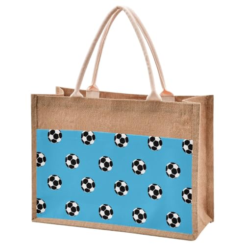Jute Burlap Tote Soccer Football Sports Blue Black Large Beach Bag Reusable Grocery Shopping Storage Bag