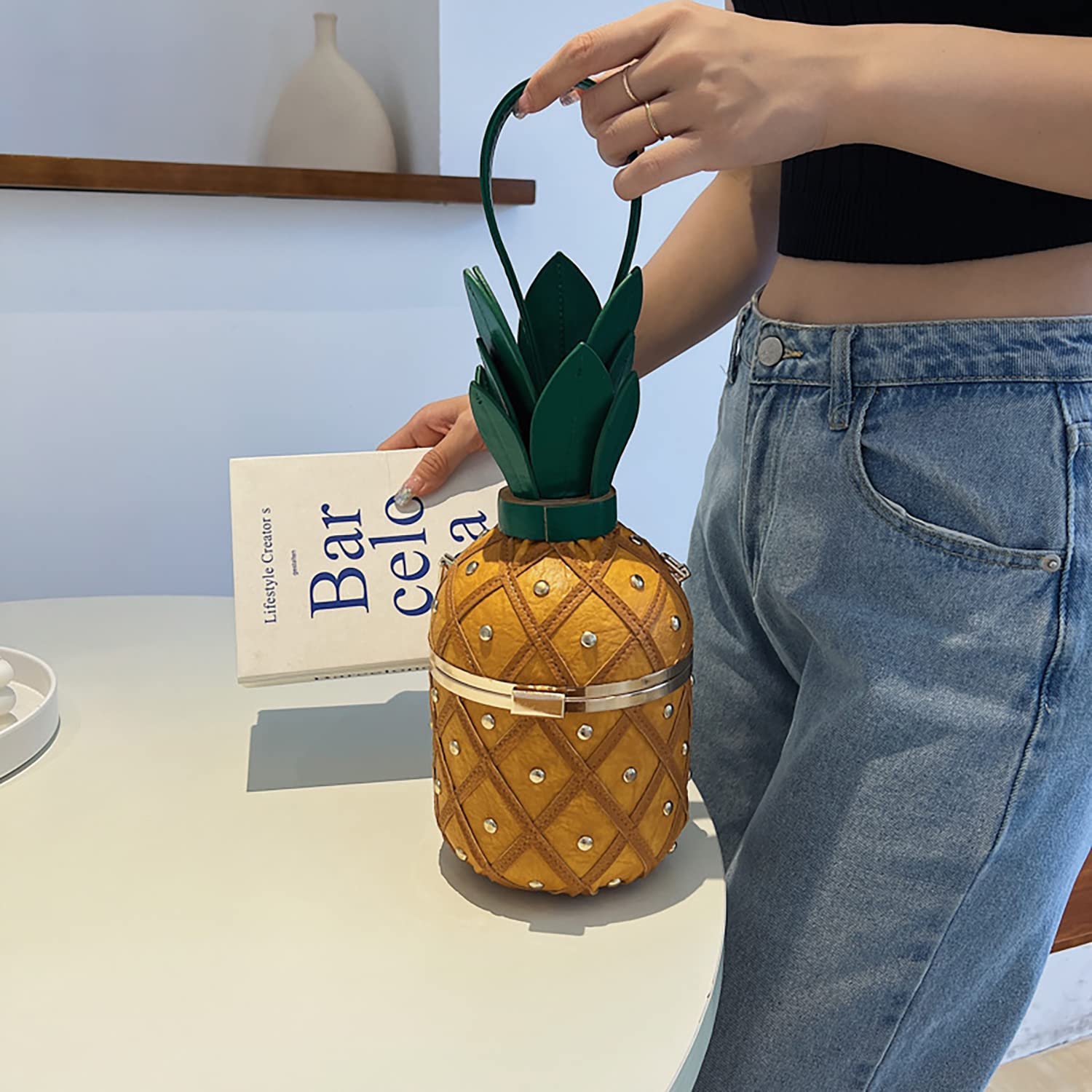 OXYPLAY 3D Pineapple Bucket Purse for Women,Trendy Chain Messenger Crossbody Bag with Rivet, Tropical Hawaiian Party Shoulder Handbag (Yellow)