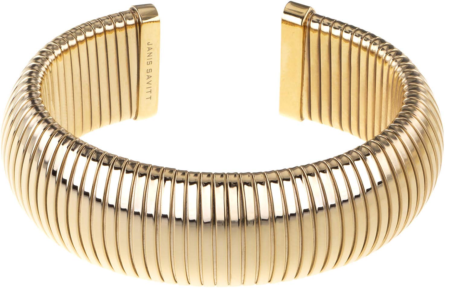 JANIS BY JANIS SAVITT High Polished Gold Plated Brass Single Cobra Bracelet with 5/8 Inch Wide Flexible Stretch Omega Bands MADE IN USA