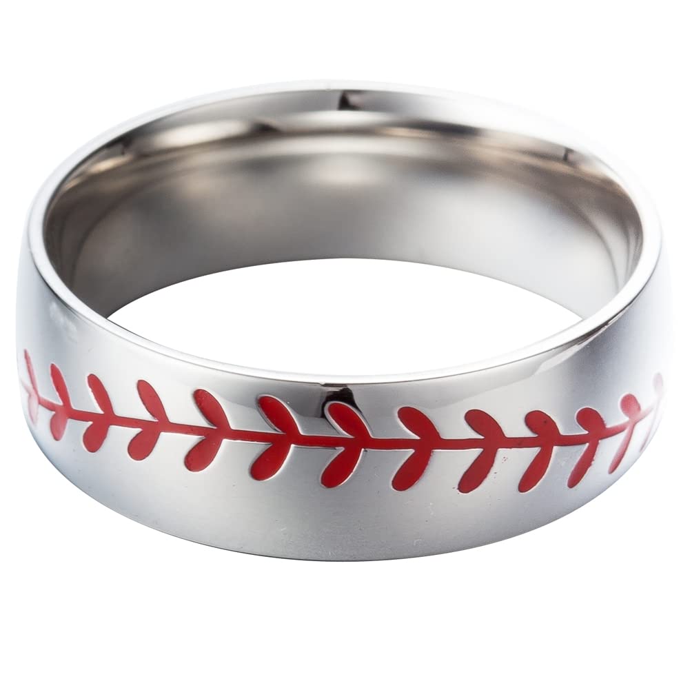 Jude Jewelers 8MM Stainless Steel Sports Baseball Ring Domed Style Simple Plain Wedding Band (Silver-Red, 8)
