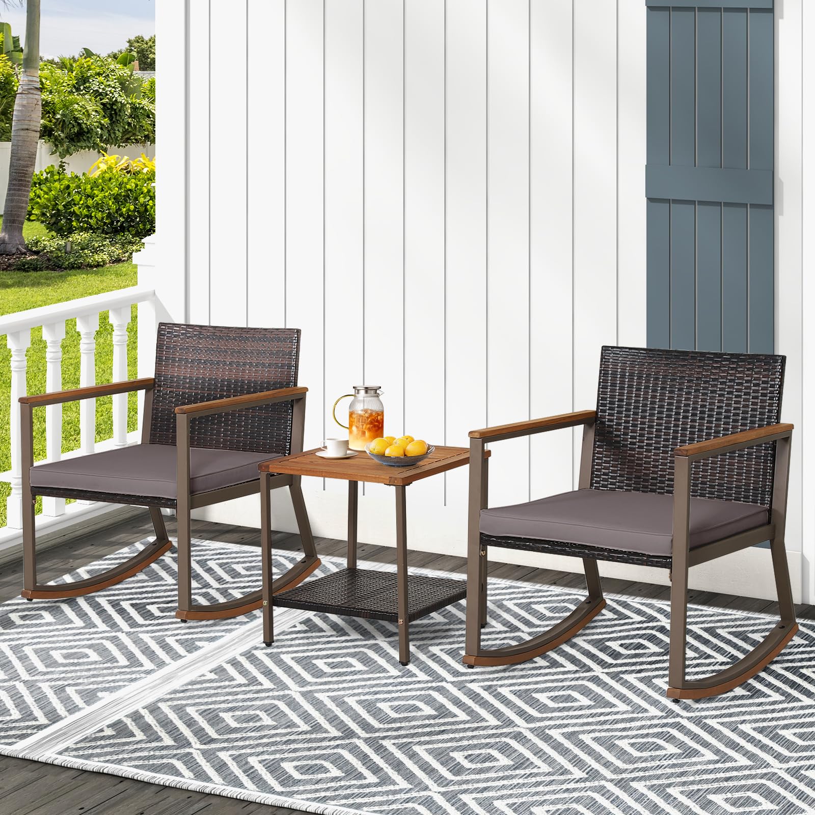 Toolsempire Outdoor Rocking Chair Set, 3 Pieces Patio Set Rocking Chair with Coffee Table & Cushions, Patio Wicker Furniture Set Outdoor Bistro Set for Balcony, Porch & Backyard (Gray)