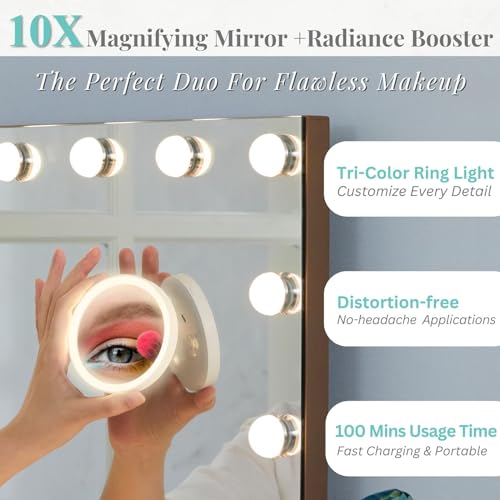LUXFURNI Vanity Tabletop Hollywood Makeup Mirror w/USB-Powered Dimmable Light, Touch Control, 12 Day/Warm LED Light (16Wx20L, White)