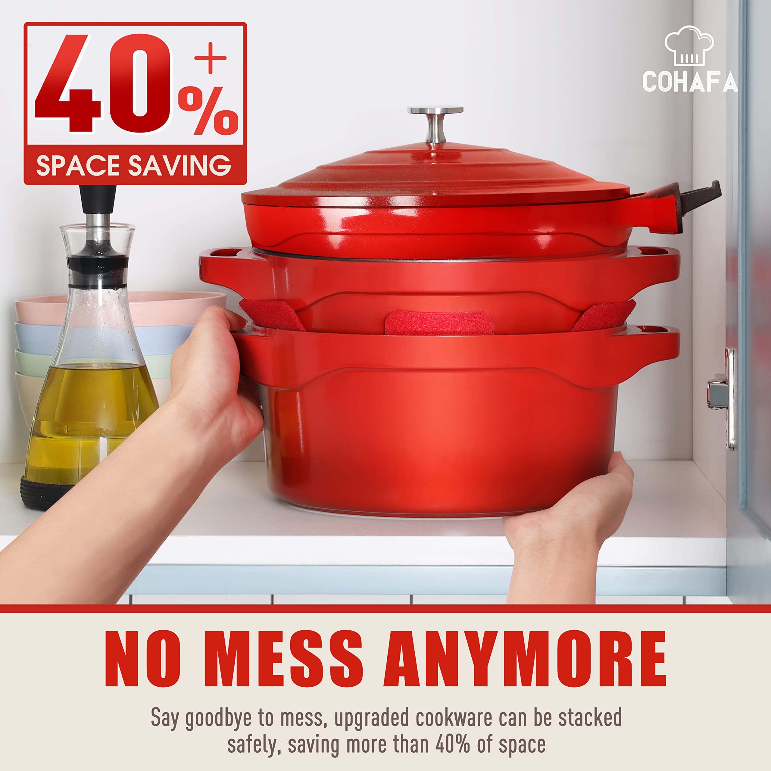 Nonstick Dutch Oven with Lid, 3Pcs Pots and Pans Set with Stone-Derived Coating, Frying Pan with Detachable Handle, Saute Pan, Stockpot with Lid, Red