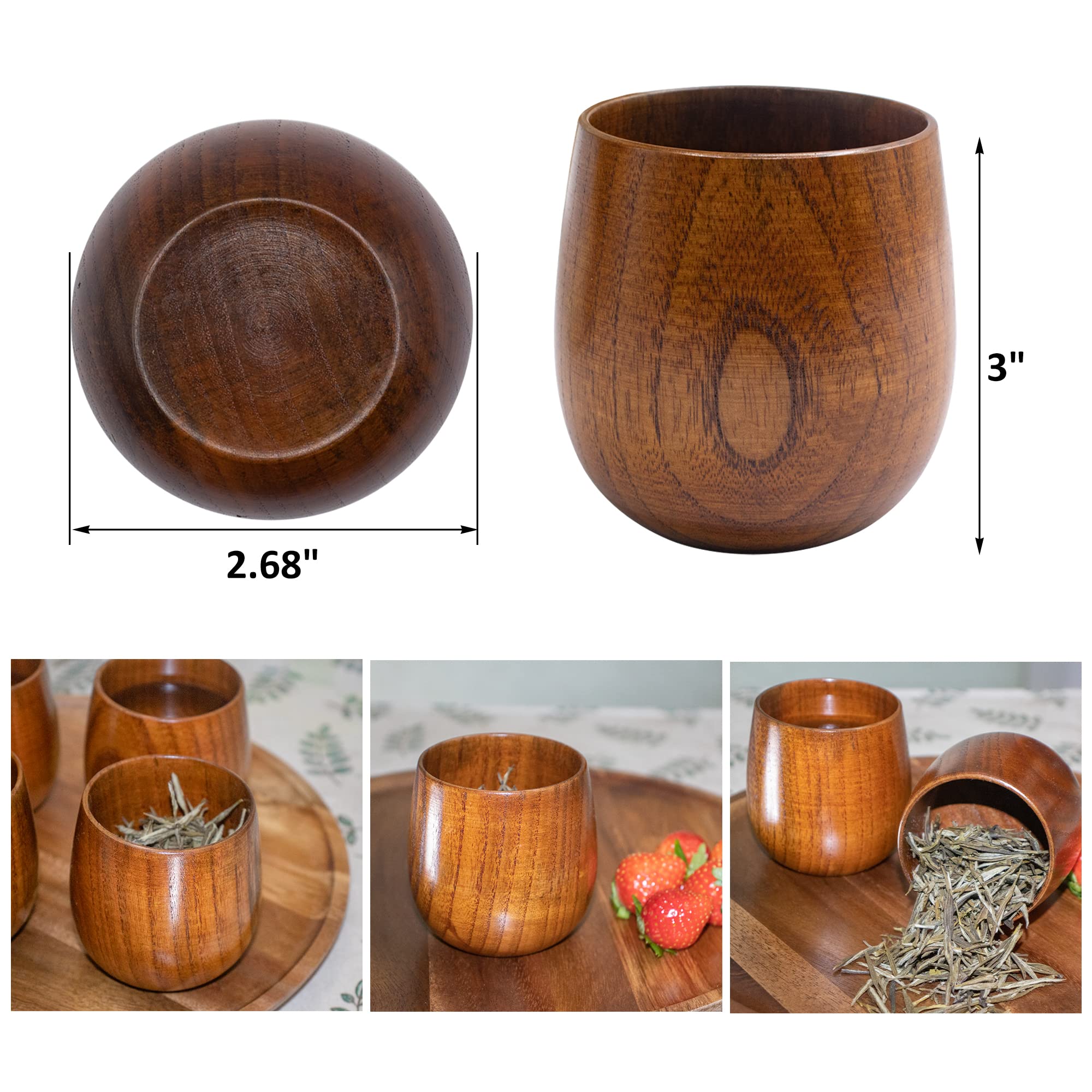 Originalidad 4 Pack Wooden Tea Cups,Japanese Tea Cups, Natural Solid Wood Tea Cup for Drinking Tea Coffee Wine Beer Hot Drinks,Tea Lover, Gift,Kitchen Accessories (100-200 ML)