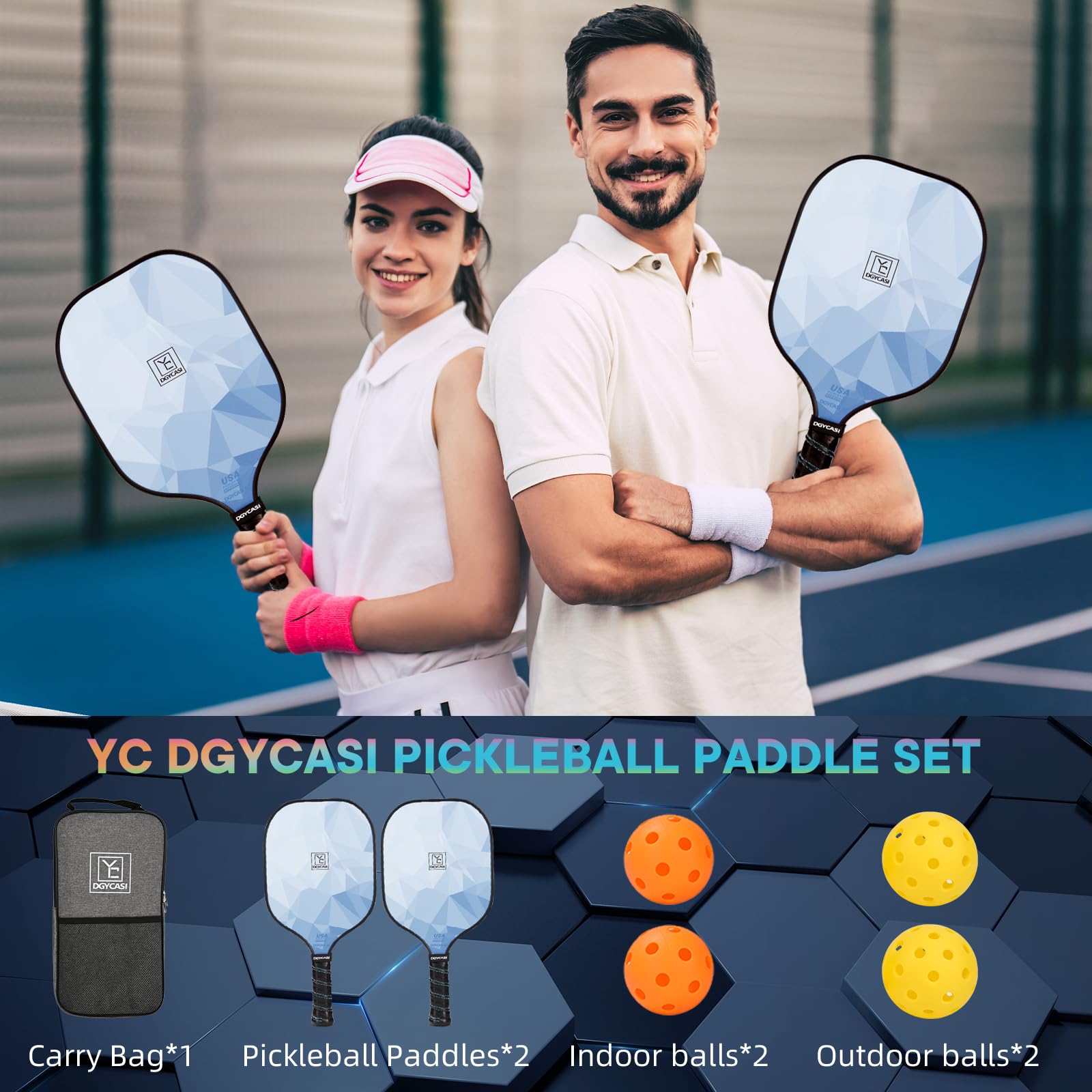 Pickleball Paddles Set of 2, 2024 USAPA Approved, Carbon Fiber Surface (CHS), Polypropylene Honeycomb Core, Anti-Slip Sweat-Absorbing Grip, 4 Pickleball, Portable Carry Bag (Blue)