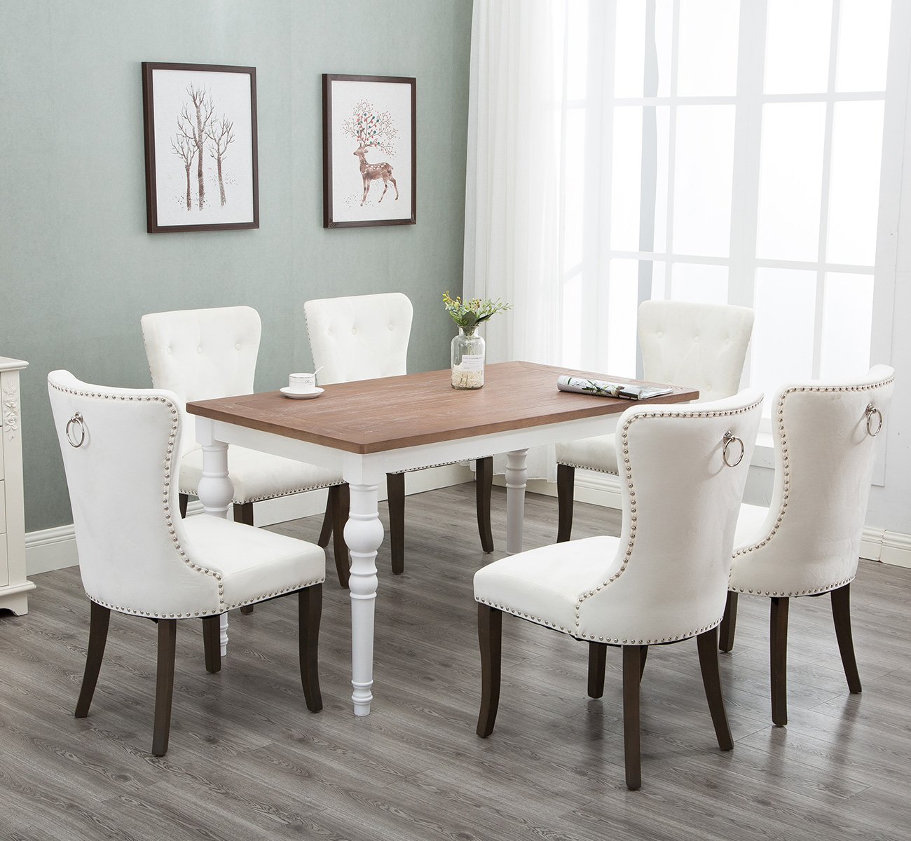 LCH Dining Set of 4, Upholstered Accent Button Tufted Armless Chair with Nailhead Trim and Back Ring Pull (Cream)