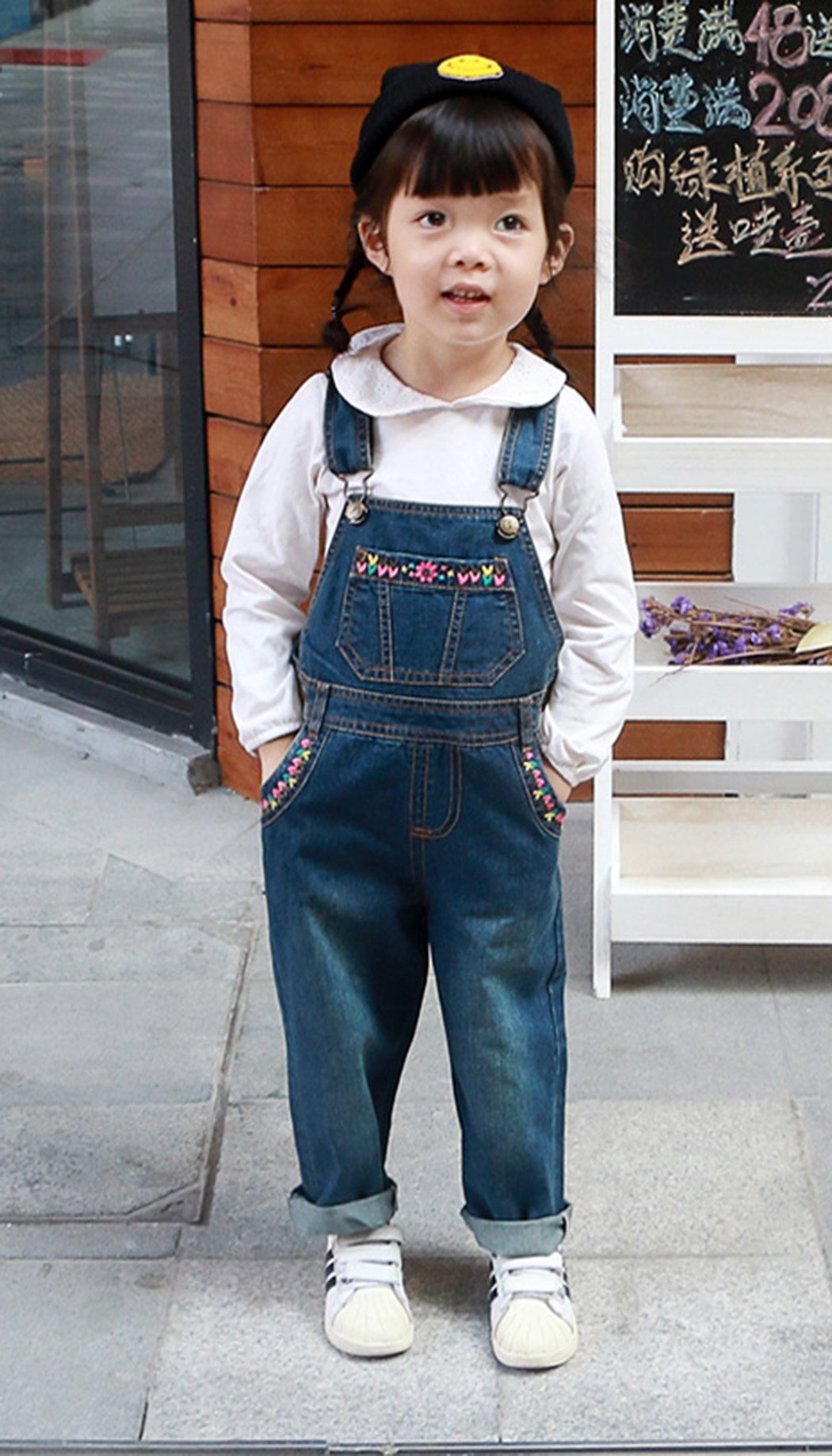 KIDSCOOL SPACE Baby & Little Girls Denim Overalls,Jean Workwear,Deep Blue,3-4 Years