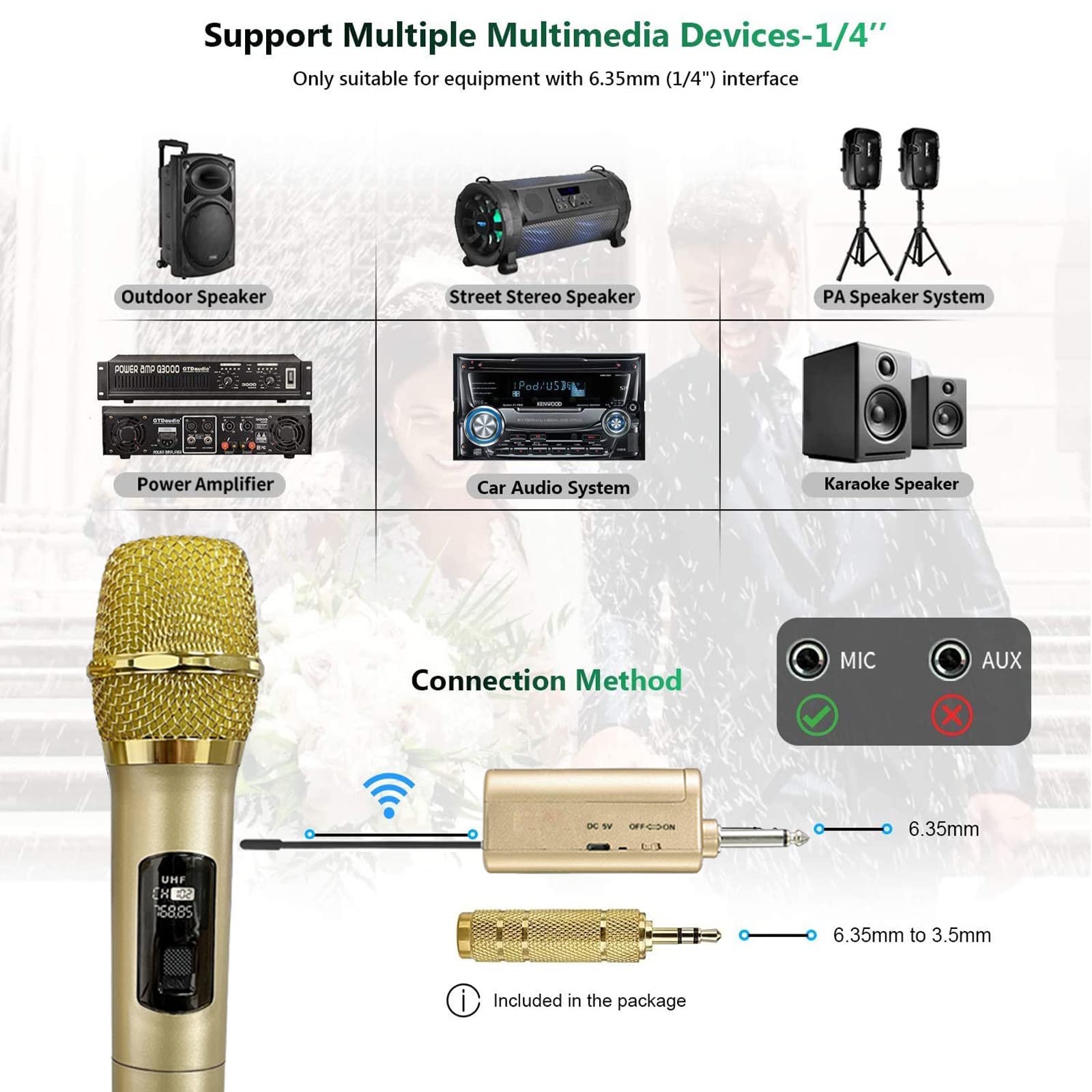 KUAILEGO Wireless Microphone, 200 ft Range, 1/4‘’&1/8‘’Output, UHF Dual Cordless Metal Dynamic Mic System with Rechargeable Receiver, for Karaoke, Wedding, DJ, Party, Speech, Church