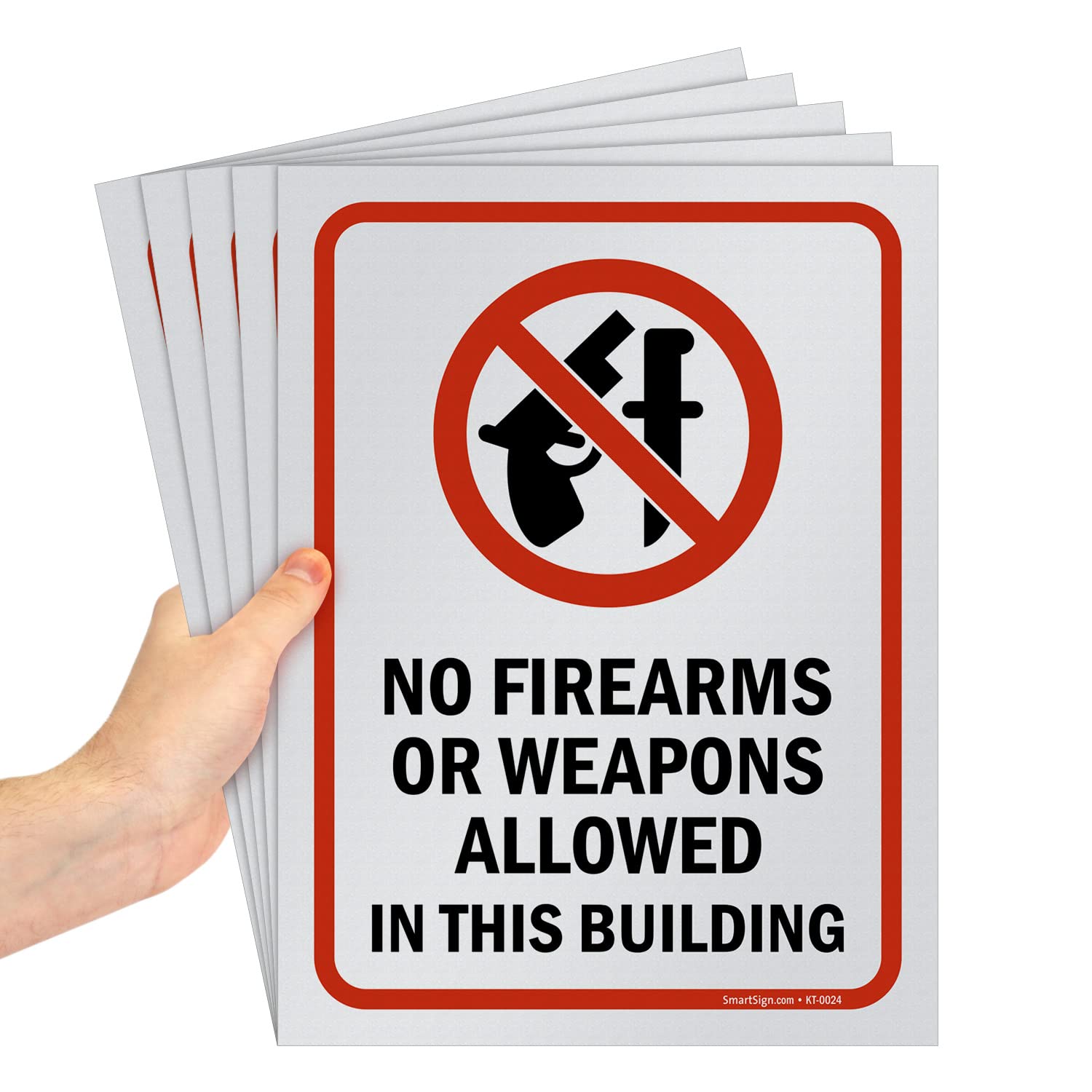 SmartSign (Pack of 5) 12 x 9 inch āNo Firearms Or Weapons Allowed In This Buildingā Sign, Screen Printed, 10 mil Polystyrene Plastic, Red/Black on White