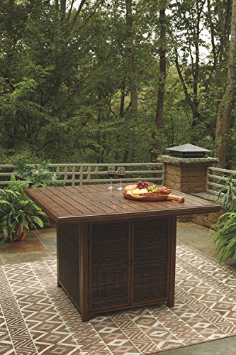 Signature Design by Ashley Paradise Trail Square Bar Table with Fire Pit, Medium Brown