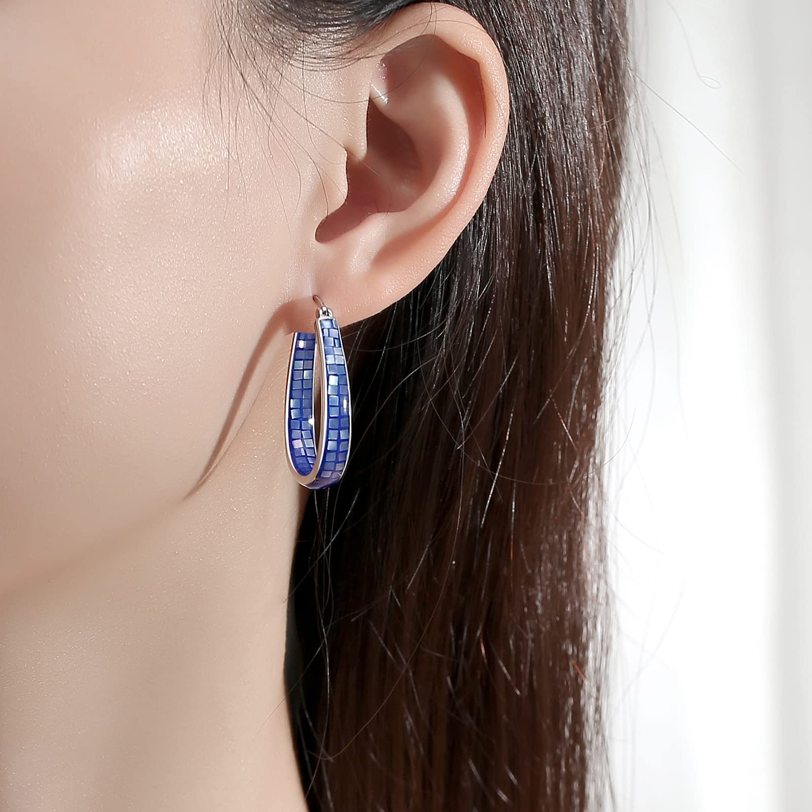 MUYUU Rhodium Plated Oval Inside Out Abalone Shell Hoop Earrings For Women Fashion Jewelry Gift