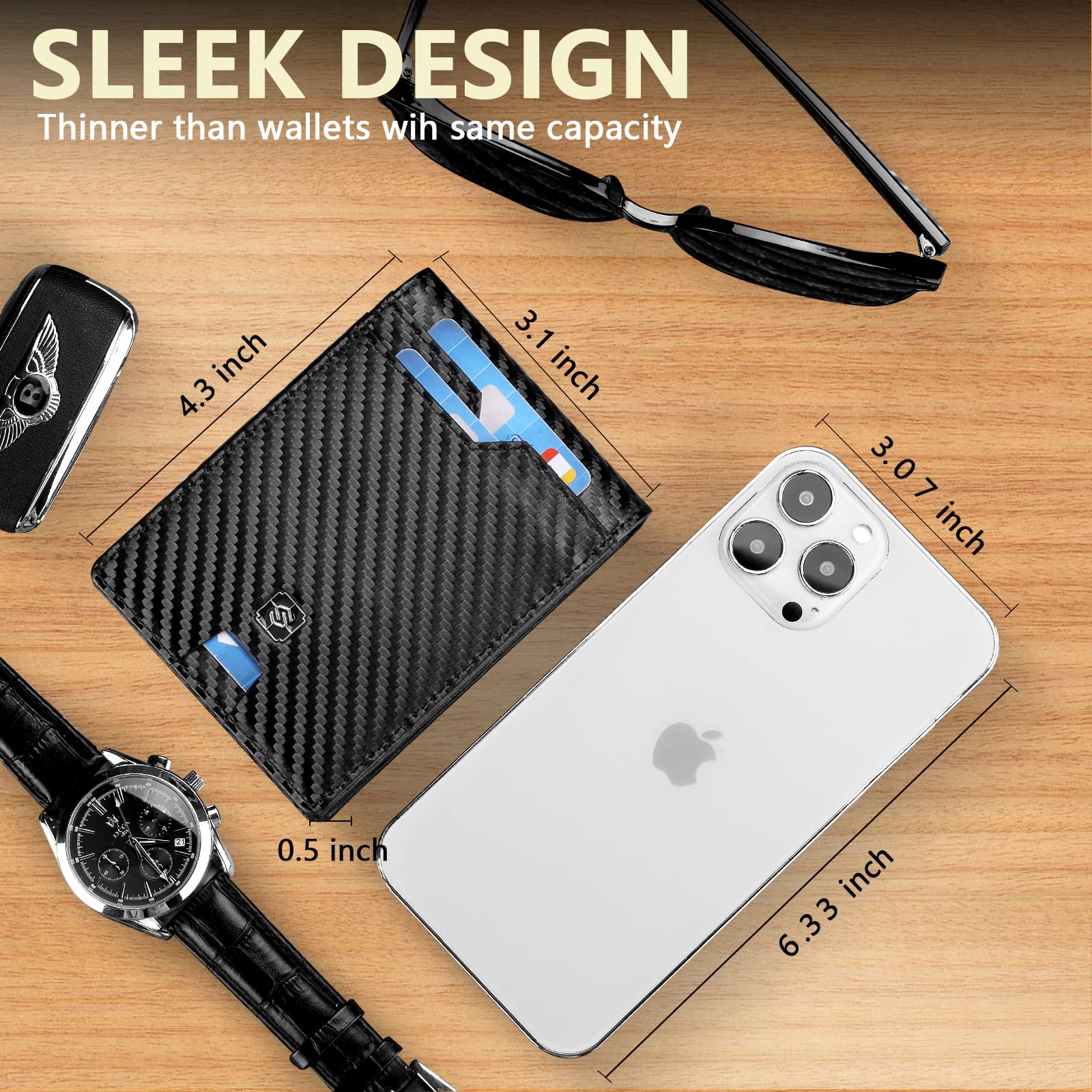 SHOUCANGAR Wallet for Men Slim Minimalist Leather Carbon Fiber Wallet RFID Blocking Credit Card Holder With Gift Box